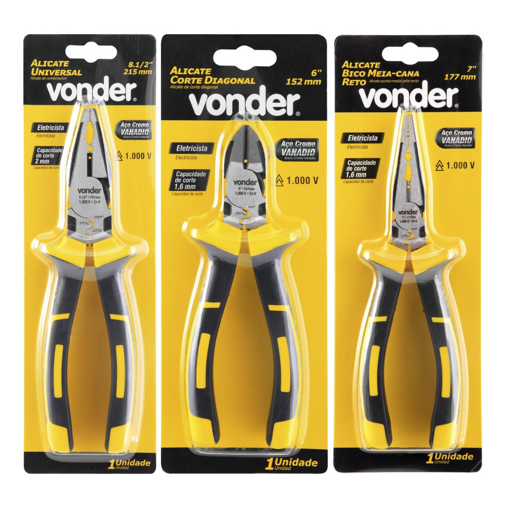 Kit 03 Alicates Eletricista Universal Corte Bico 1000V Vonder Completo ...