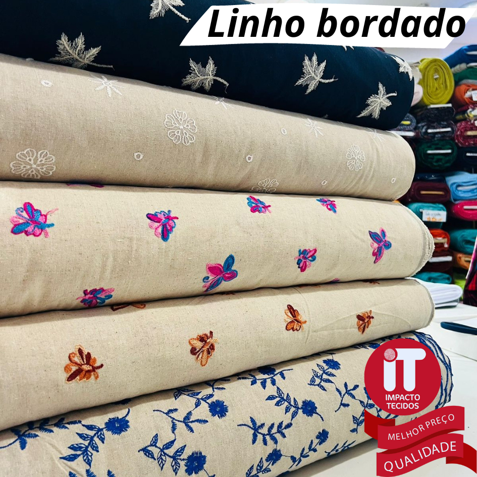 Tecido Linho Bordado 1 metro x 1,40 Varias estampas | Shopee Brasil