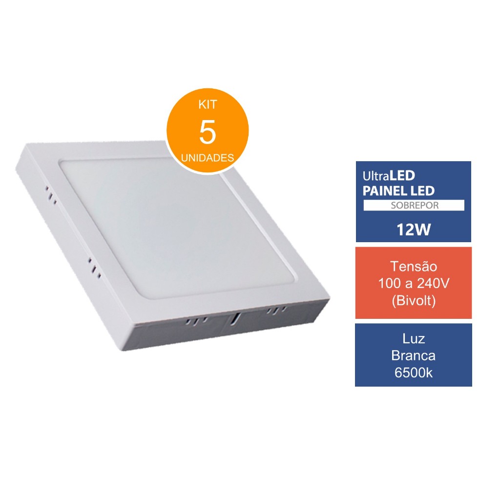 Kit 5 Painéis Plafon Luminária Led Sobrepor Quadrado Teto/Laje 12W 6500K, 18W 4000K e 6500K, 24W ...