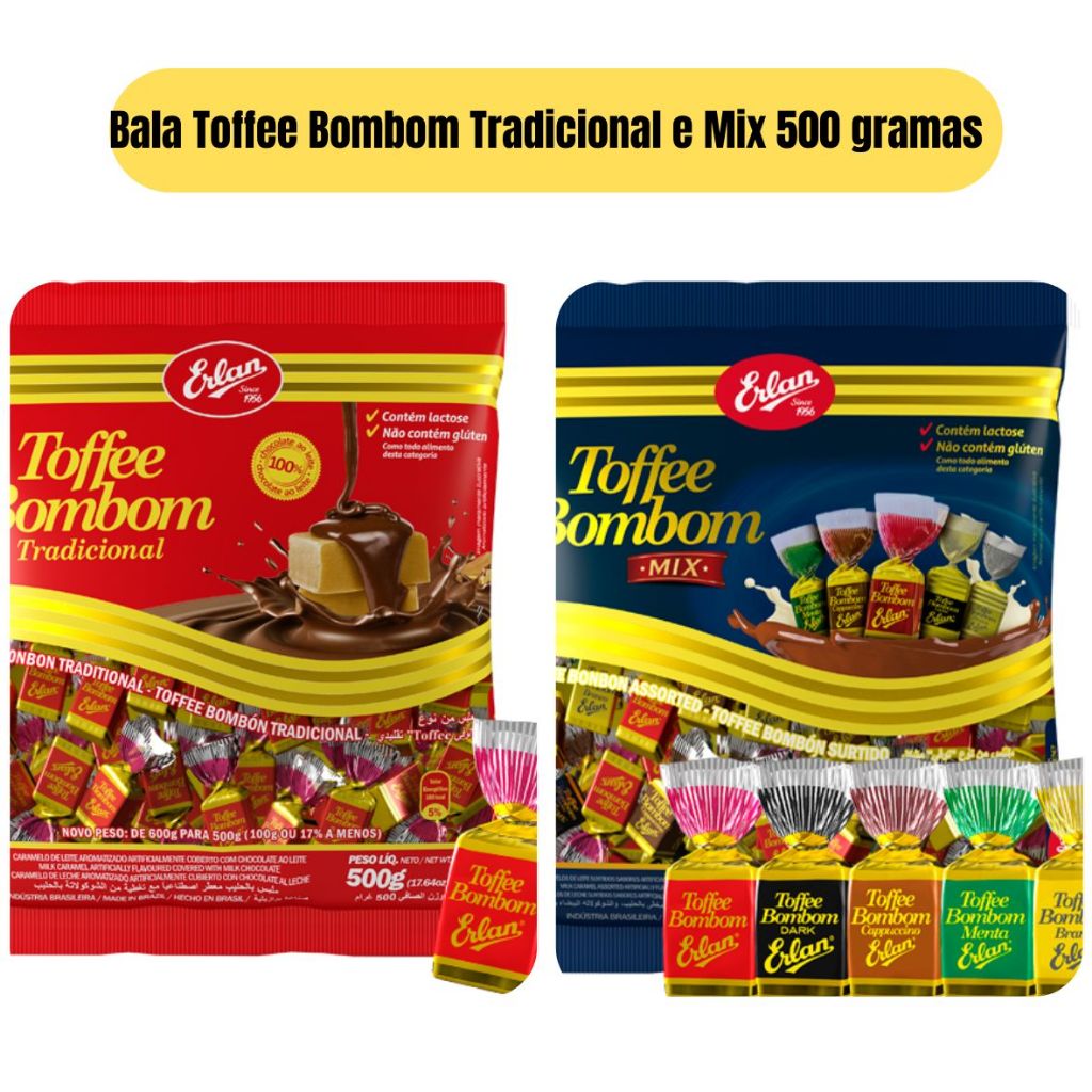 Bala BomBom Toffee Sabores Tradicional e Mix Pacote de 500 gramas ...