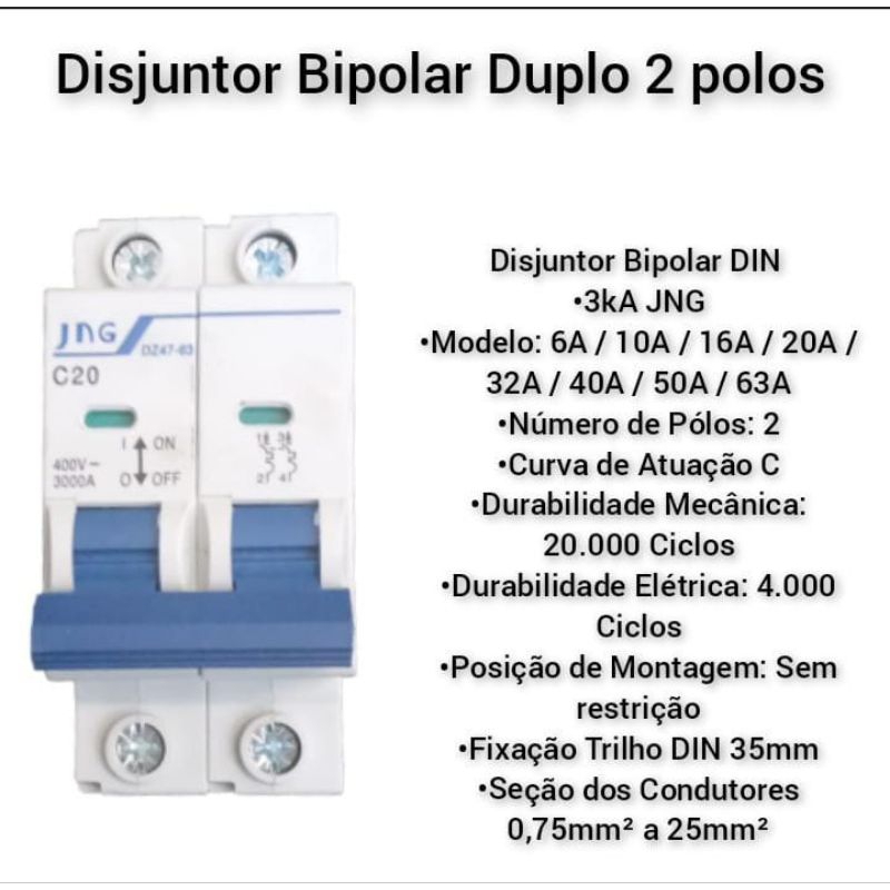 Disjuntor Bipolar Curva C 6A 10A 16A 20A 25A 32A 40A 50A 63A .. | Shopee Brasil