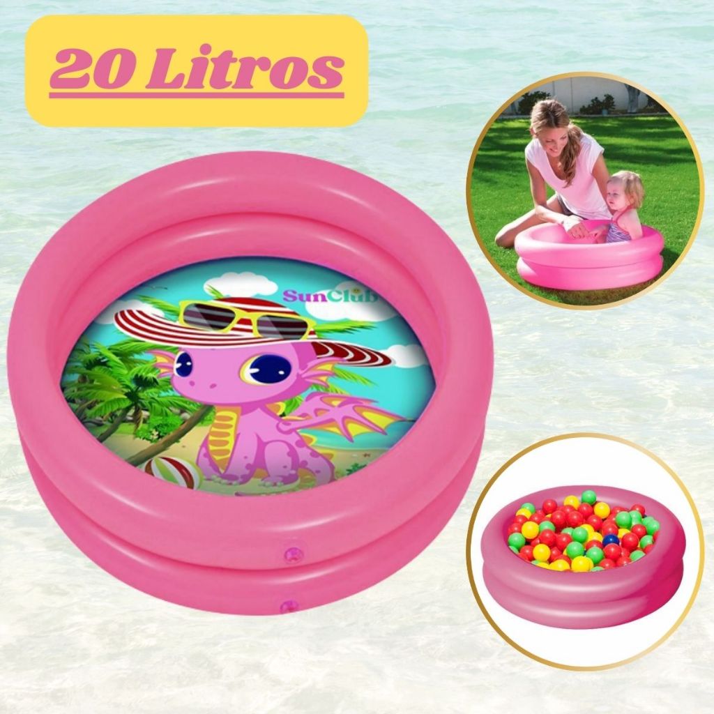 Piscina Inflável Infantil Bebê Redonda 20 Litros Rosa Dinossauro Praia ...