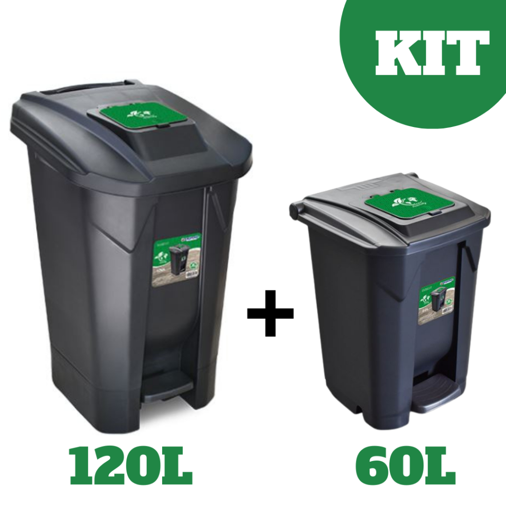 KIT 02 Lixeira 120L + 60 Litros Reciclavel Tampa Click Com Rodas ...