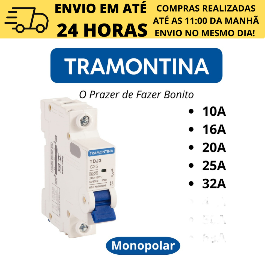 Disjuntor Din Unipolar Monopolar 10A a 32A Curva C Tramontina | Shopee Brasil