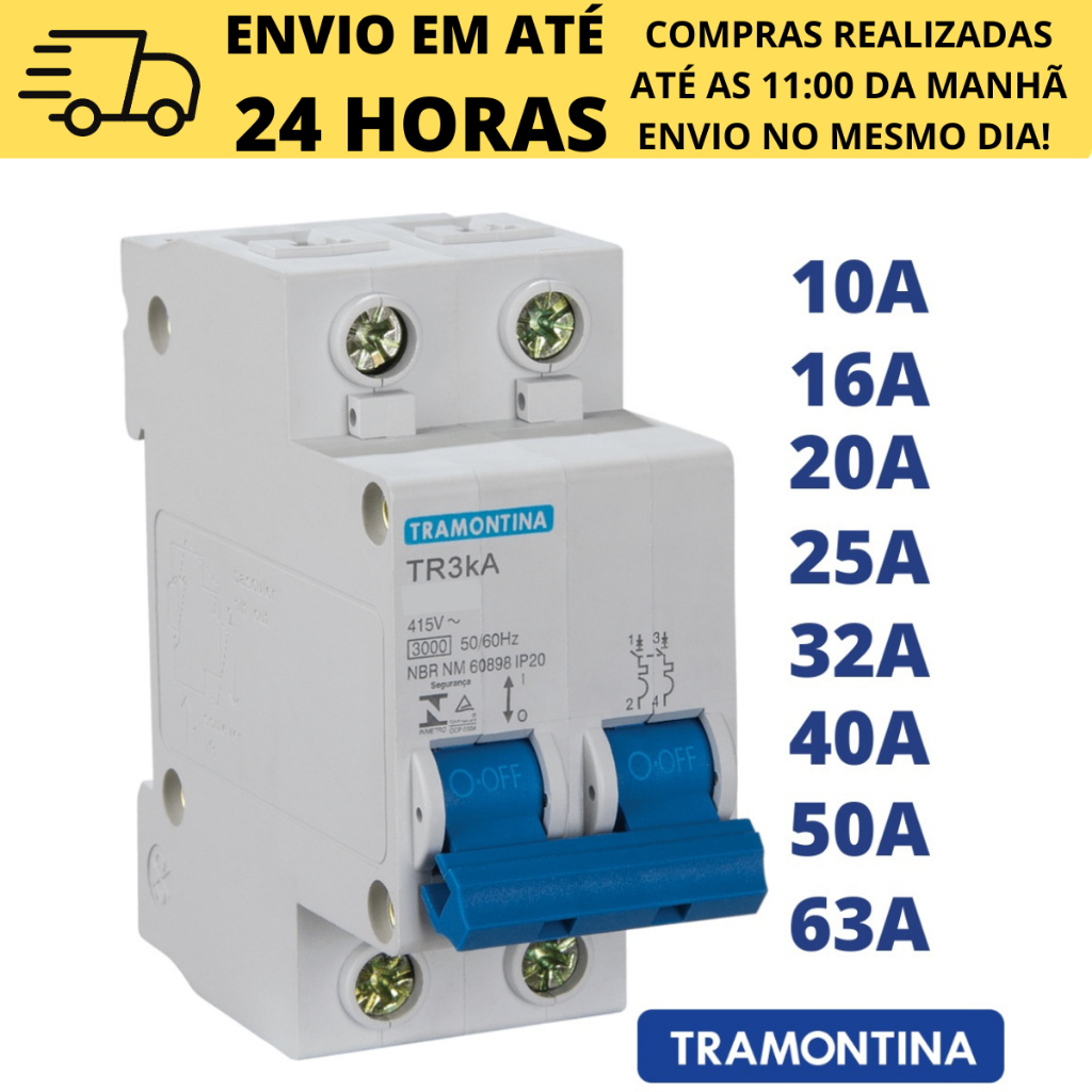 Disjuntor DIN Bipolar Bifasico 10A a 63A 2 Polos Tramontina | Shopee Brasil