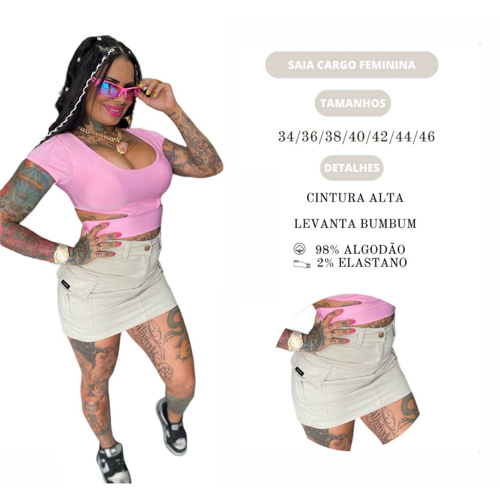 Saia Cargo Feminina Bege Cintura Alta Com Lycra Levanta Bumbum Com ...