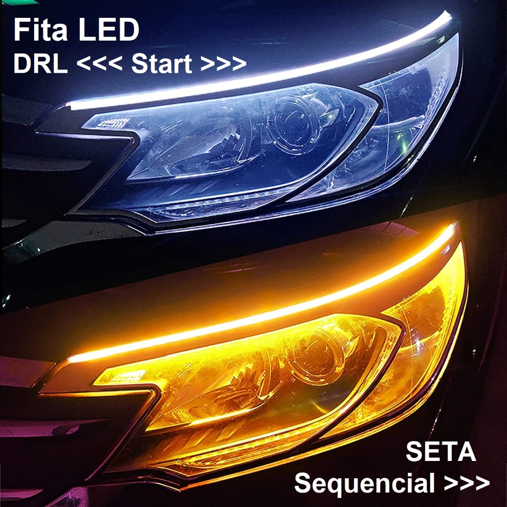 Par Fita LED Farol 60cm DRL Branco Efeito Start + Seta Sequencial ...