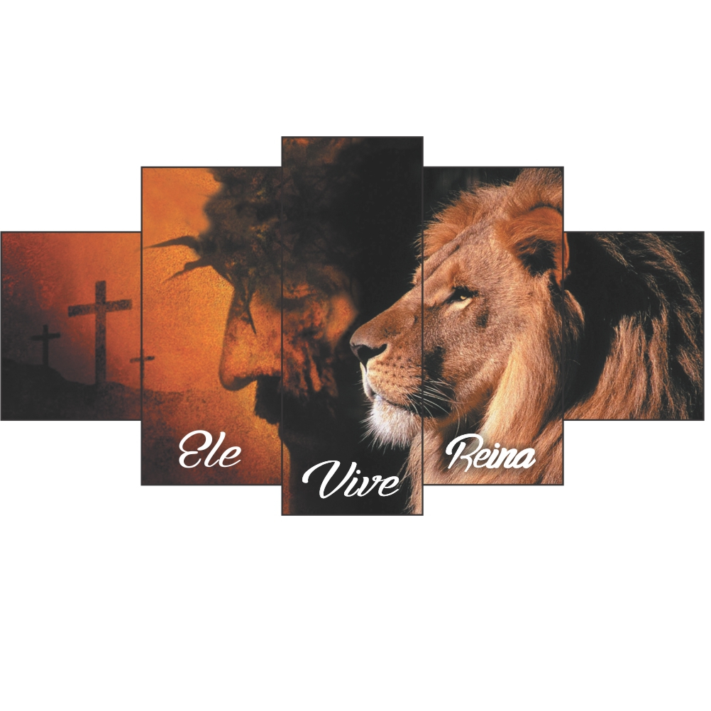 Quadro Decorativo Ele Vive Reina N Jesus Cristo + Cruz Leao Juda ...