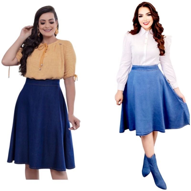 Saia Jeans Midi Evangélica Evasê Rodada Plus Zize Zíper Cintura Média ...