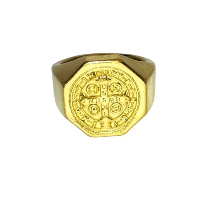 Anel cruz dourado São Bento Cruz Sagrada Aço Inoxidável Escrita Alto ...