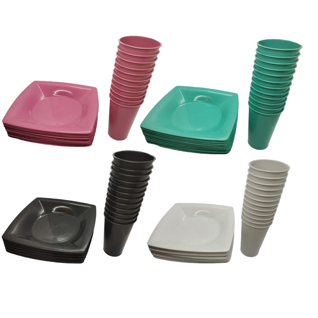 Kit 15 Pratos Quadrados + 15 Copos 300ml Reutilizável - Lanche ...