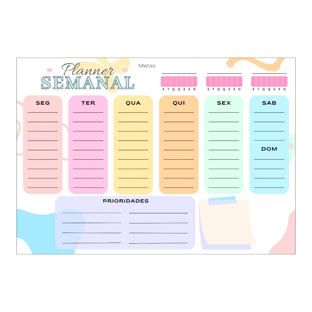 Planner Lembrete Semanal Organizador de Tarefas Metas c 55 Folhas-Bloco ...
