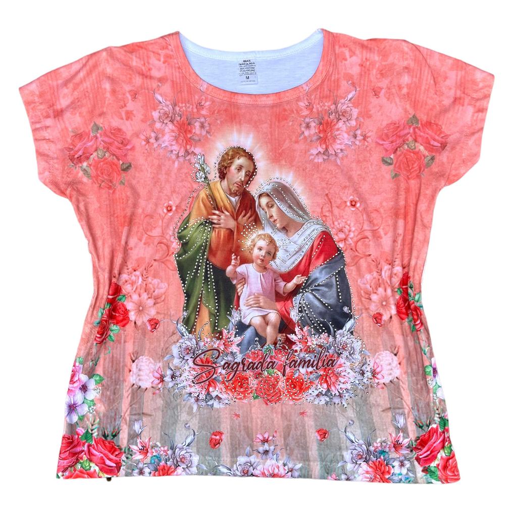 Blusa Baby Look Sagrada Família Maria José e Jesus Rosa Moda Religiosa ...