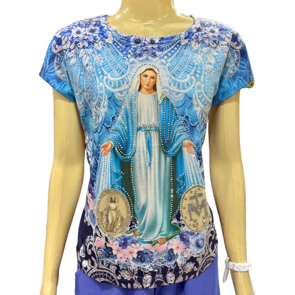 Blusa Baby Look Feminina Nossa Senhora das Graças Azul Medalhas Moda ...
