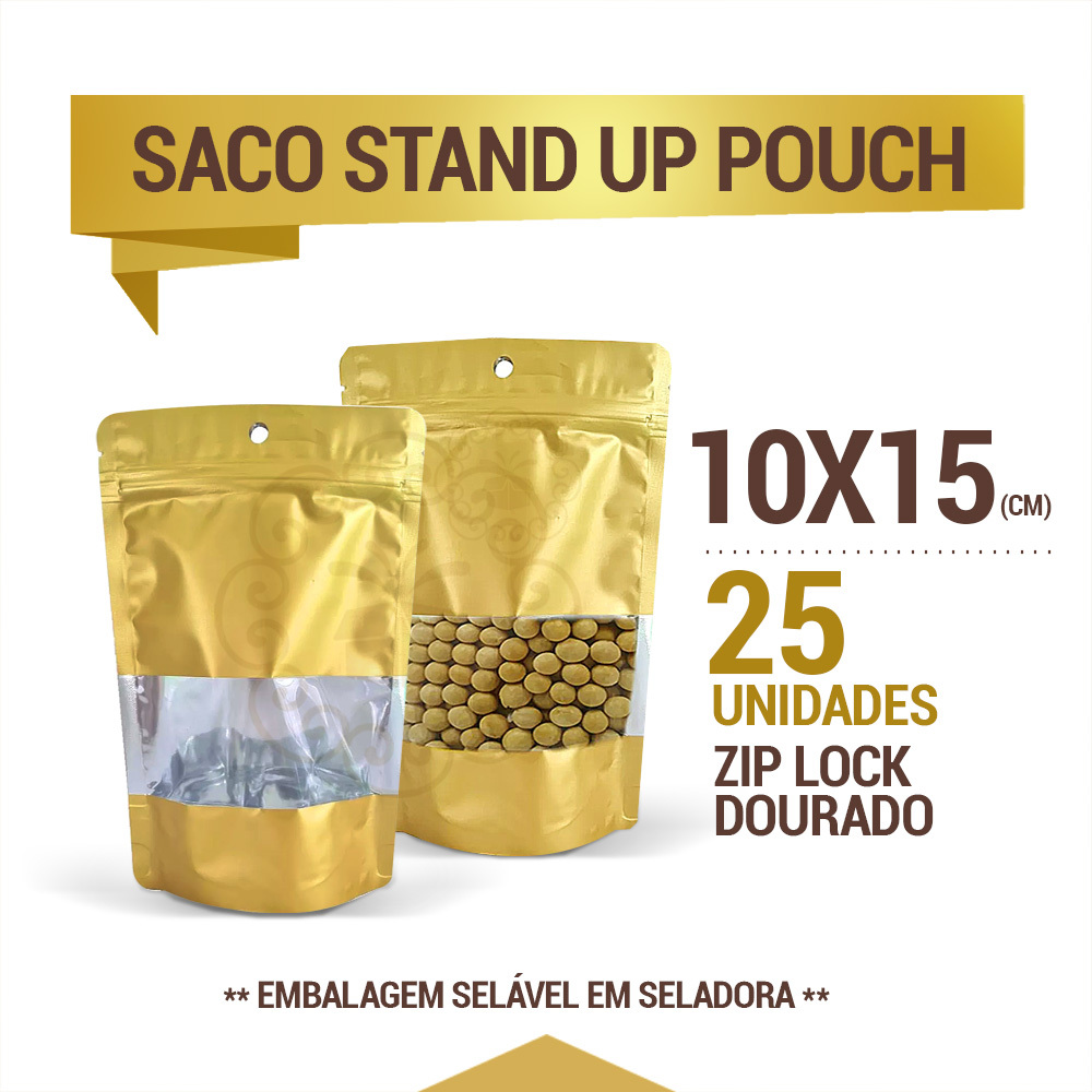 Saco Stand Up Pouch Dourada 10x15 Embalagem Zip 25un | Shopee Brasil
