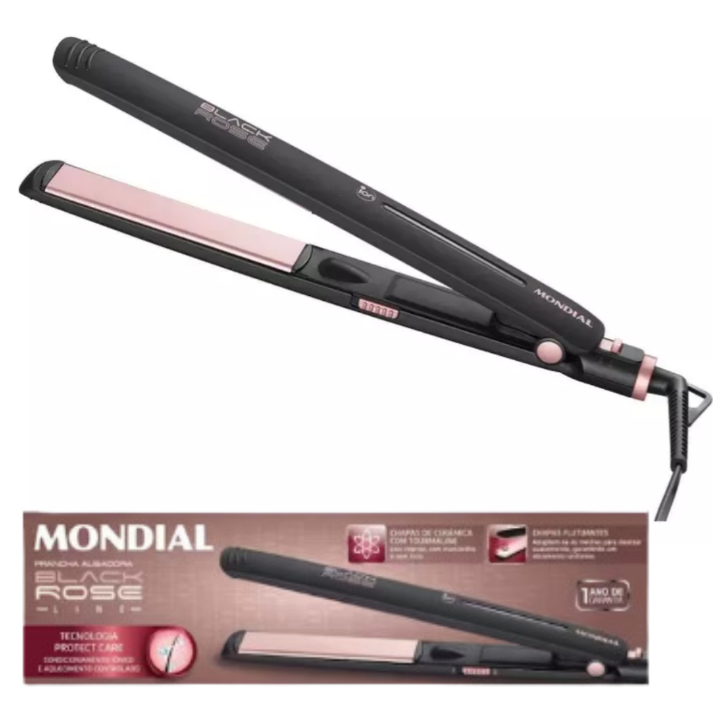 Chapinha Prancha Alisadora de Cabelo Mondial P-27 Black Rose Bivolt ...