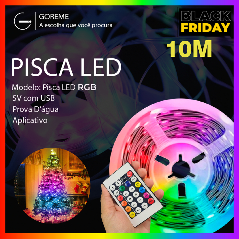 Pisca LED RGB 10M USB + CONTROLE | Controle por aplicativo | A prova d'água | Pisca-Pisca para ...