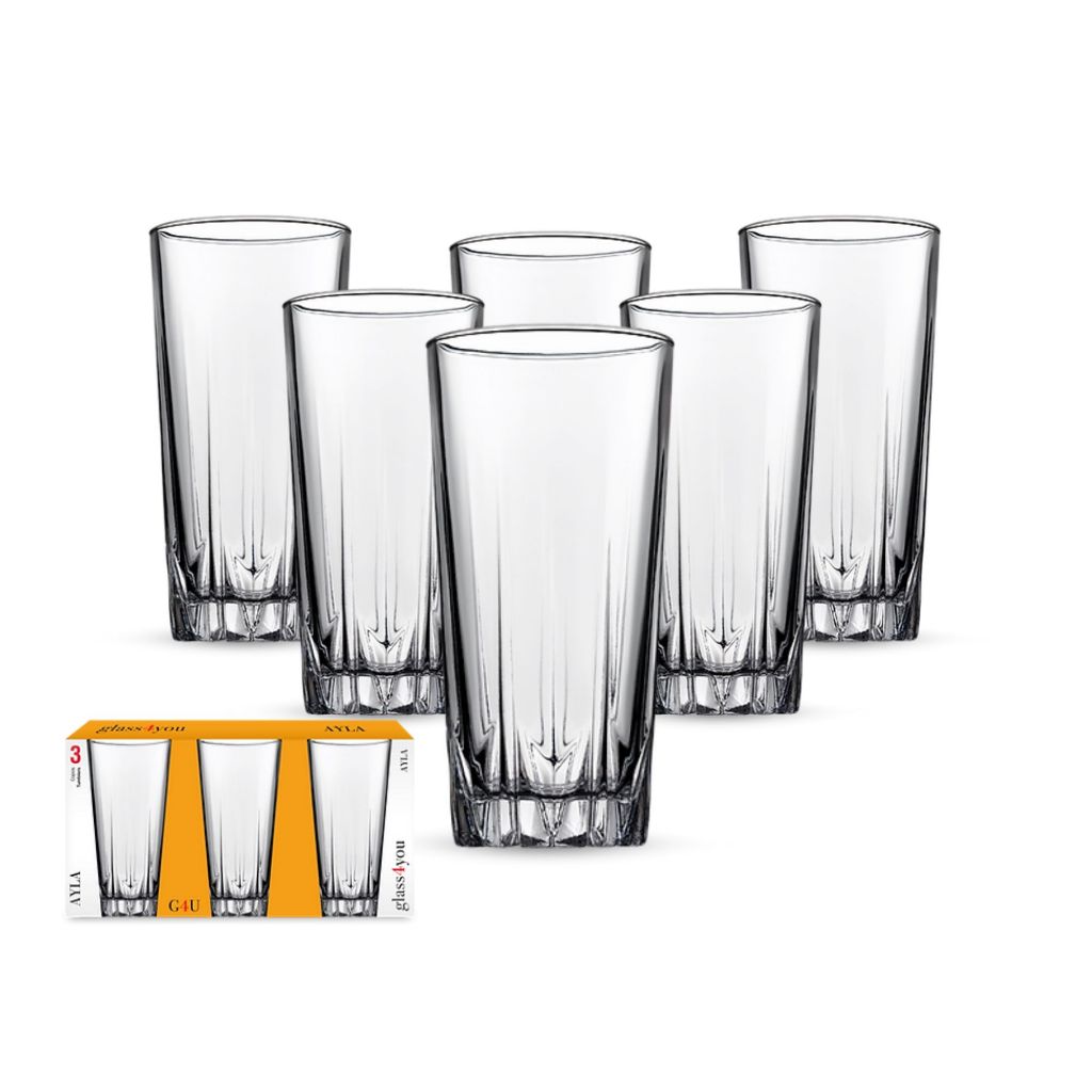 Jogo 6 Copos Vidro Transparente Agua Suco Drinks 330ml Luxuoso Com Detalhes Moderno Mesa Posta ...