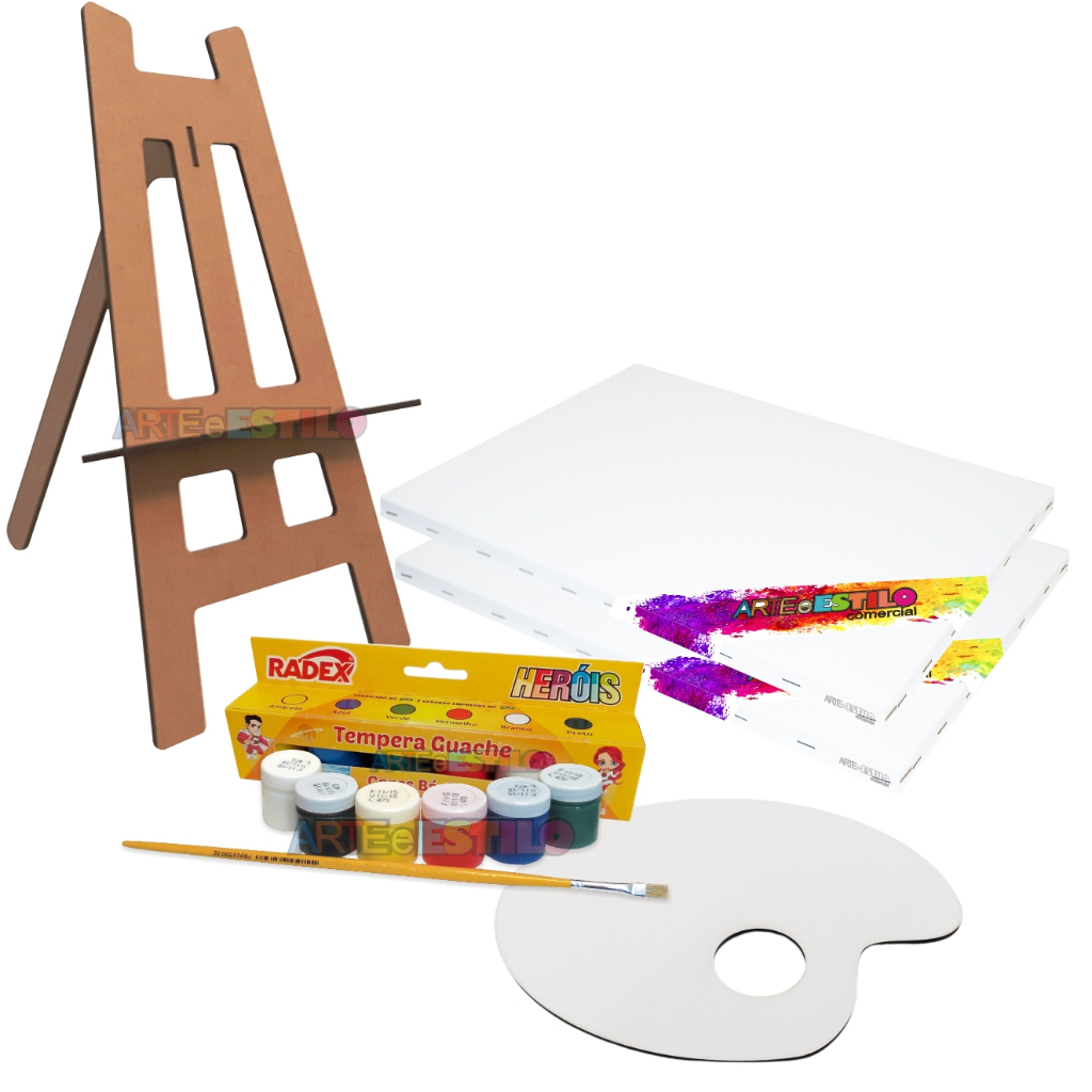 Kit de Pintura com 1 Cavalete 2 Telas 30x40 1 Pincel 1 caixa com 6 ...