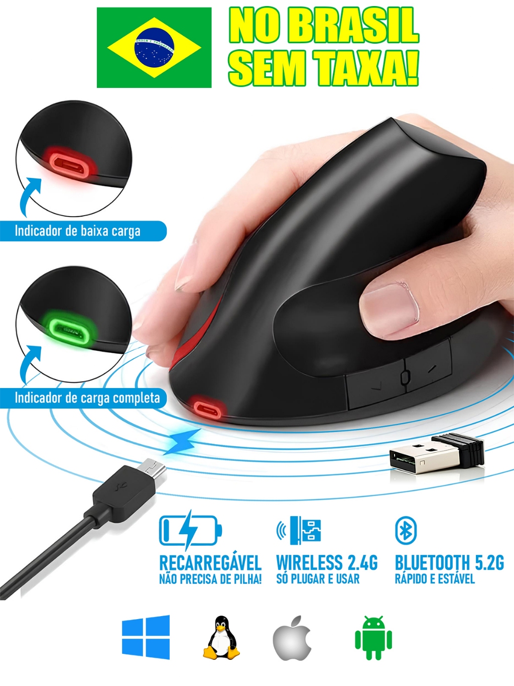 Mouse Ergonômico Sem Fio Vertical Wireless Usb Óptico Silencioso ...