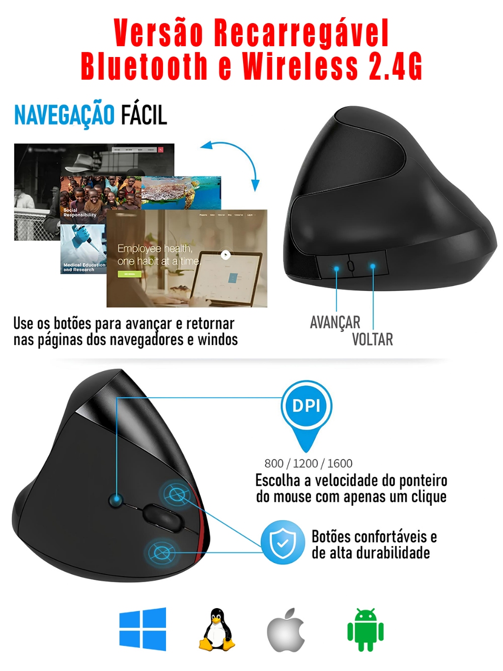 Mouse Ergonômico Sem Fio Vertical Wireless Usb Óptico Silencioso ...