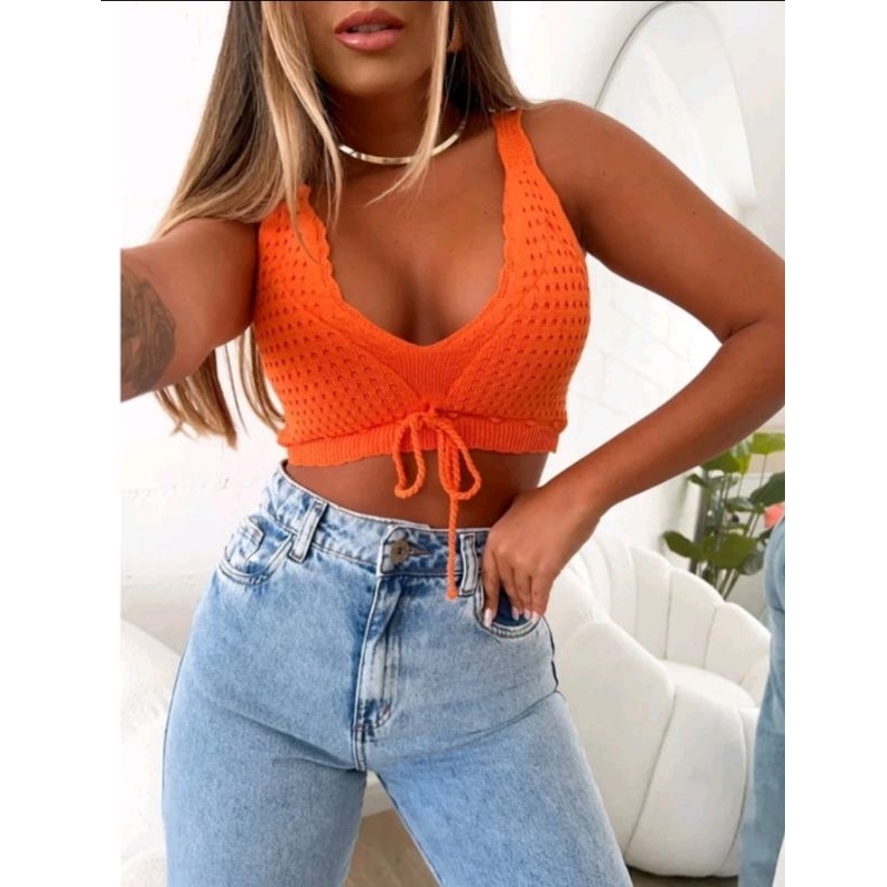 Top cropped cordão bojo modal verão blusinha tendência moda blogueira tricô | Shopee Brasil