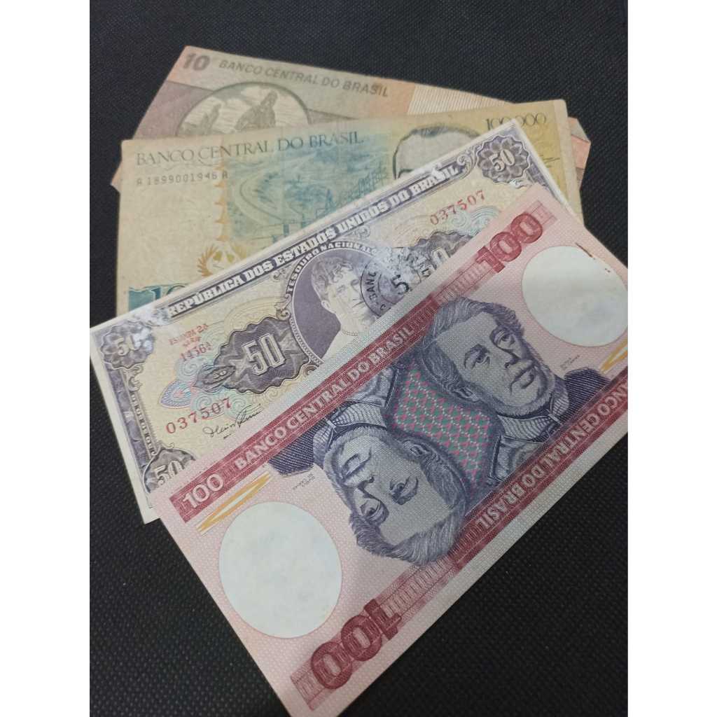 Quarteto de cédula 100 cruzeiros, 50 cruzeiros, 100 mil cruzeiros e 10 cruzeiros | Shopee Brasil