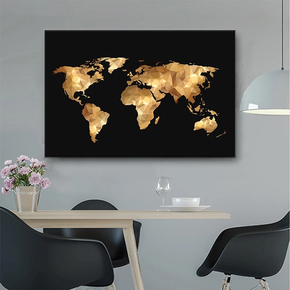 Quadro mapa do mundo em preto e ouro, arte mural, pôster minimalista ...