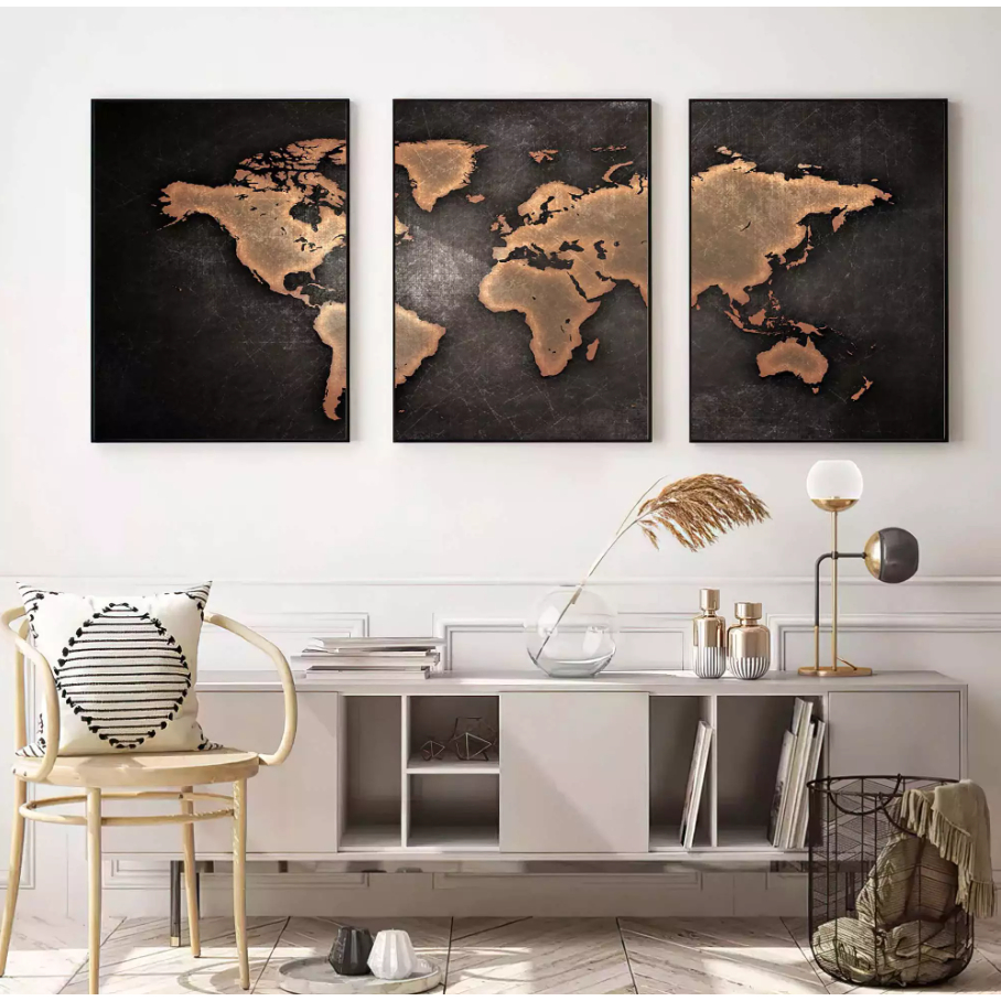 Quadro Decorativo 3 Telas: Mapas do Mundo em Cobre e Preto - Viaje pelo ...