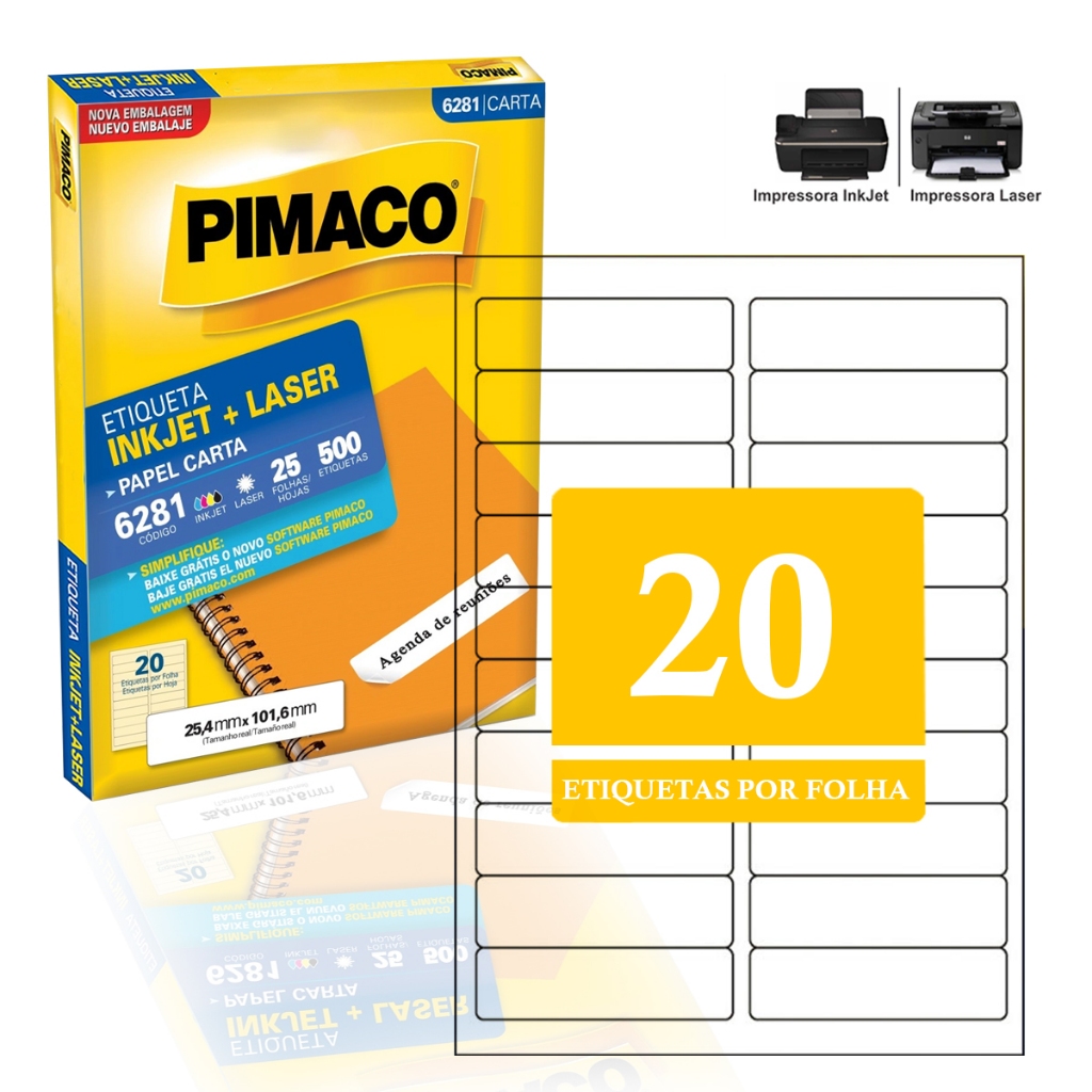 Etiquetas 20 Tamanho 25,4x101,6 Pimaco papel Carta Adesiva Ink-jet ...