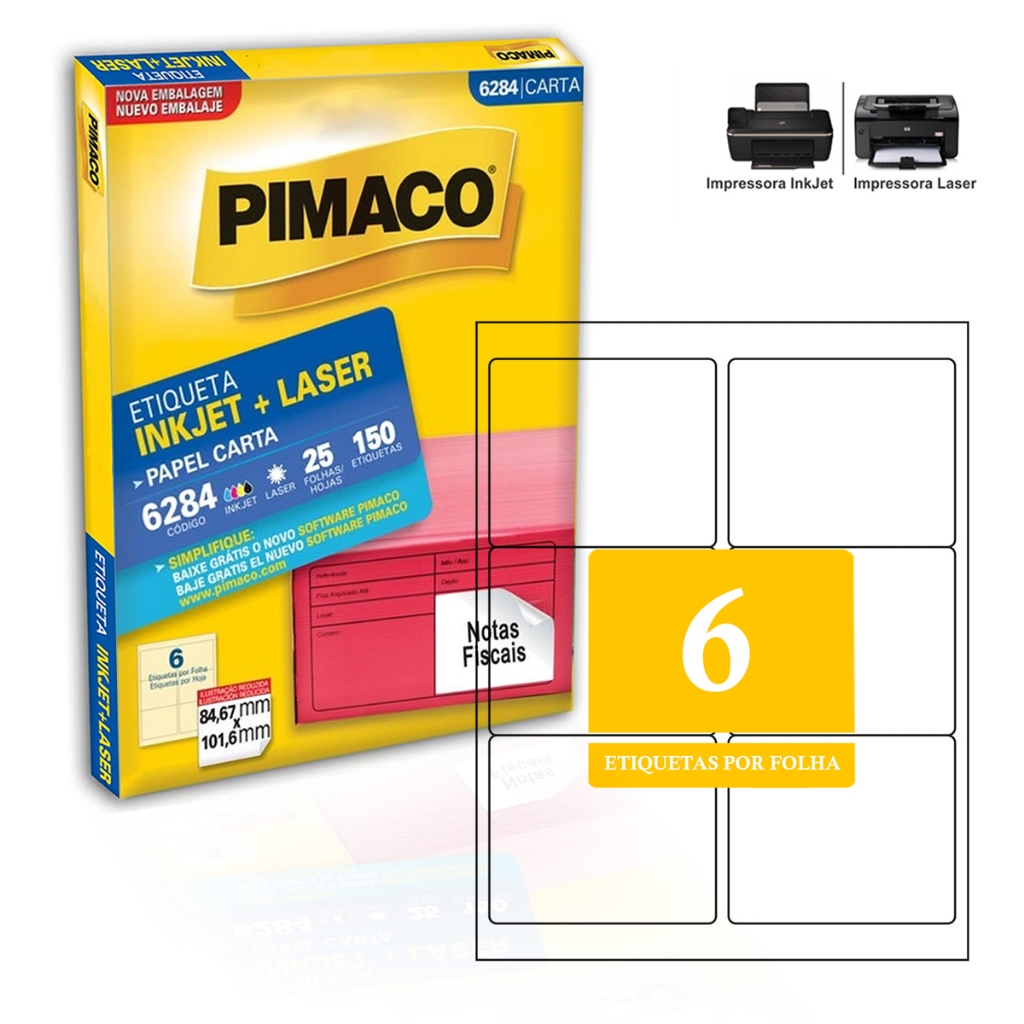 Etiquetas 6 Tamanho 84,67x101,6 Pimaco papel A4 Adesiva Ink-jet/laser ...