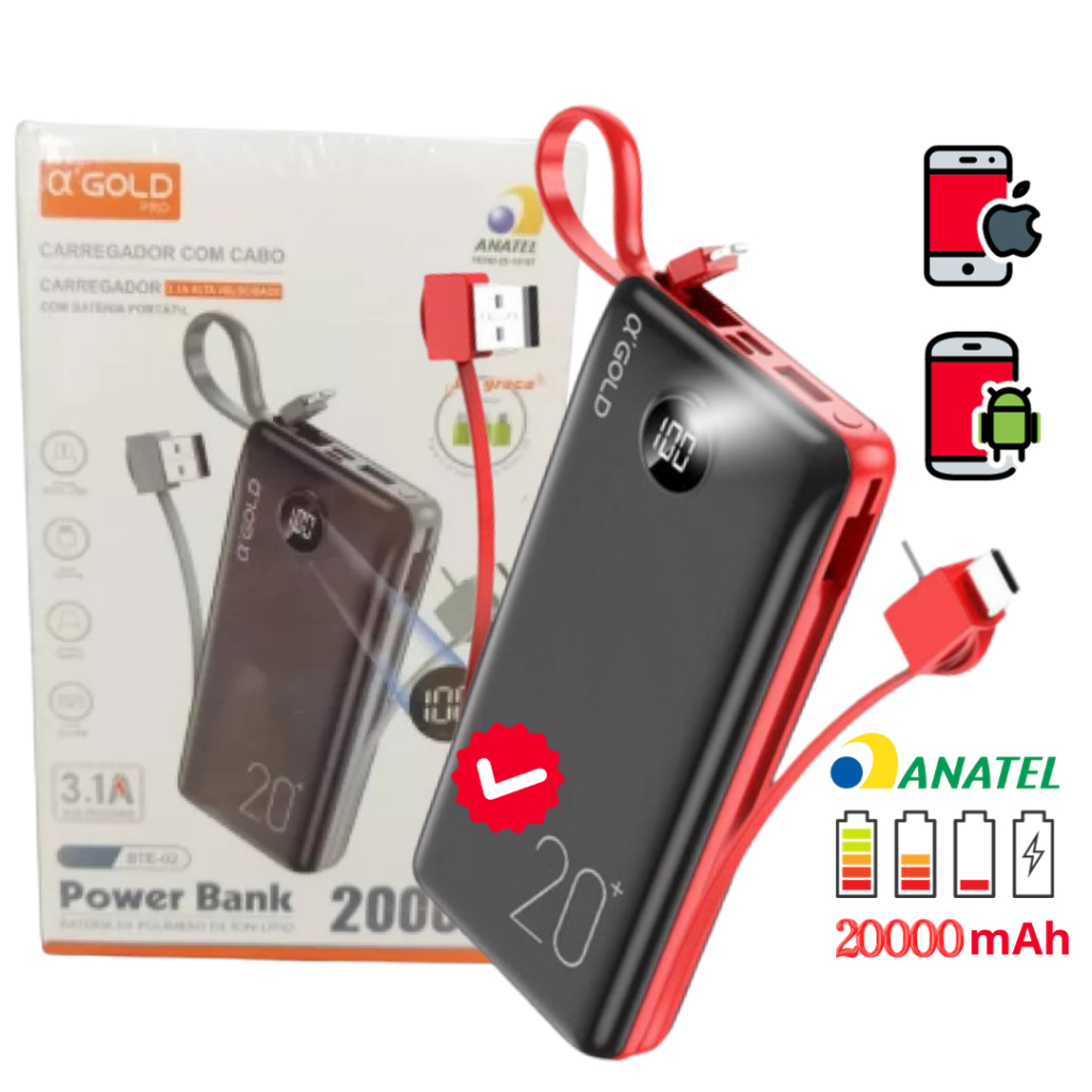 Carregador Portátil 20000mah Power Bank Bateria Para Ios Tipo-C Micro V8 Usb 2 Usb 3.1A | Shopee ...