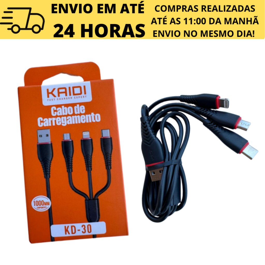 Cabo de Carregamento Celular USB 3 em 1 Saida Lightning/V8/Tipo-C 1 metro Kaidi | Shopee Brasil