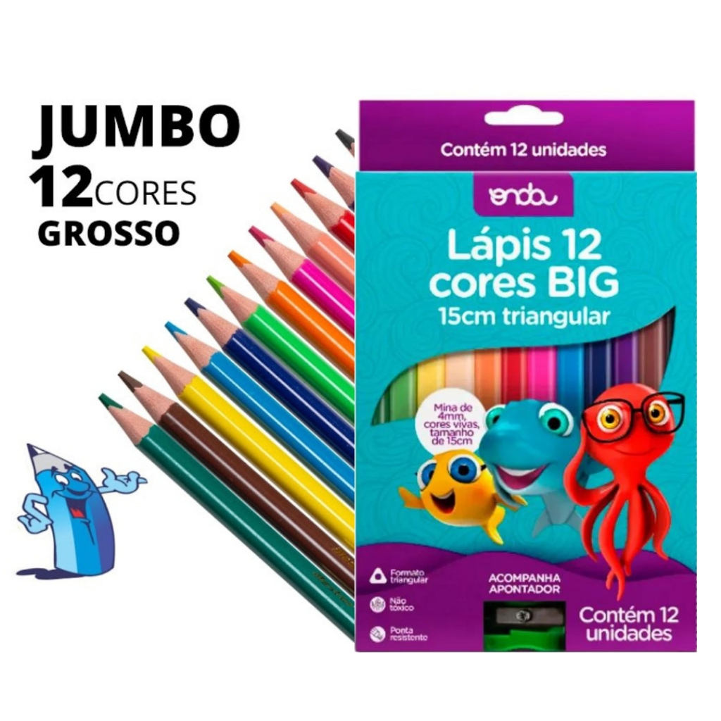 LAPIS DE COR JUMBO 12 CORES BIG GROSSO TRIANGULAR ONDA | Shopee Brasil