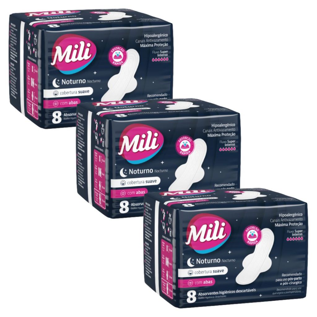 Kit Com 3 Absorvente Mili Noturno Cobertura Suave Com 8 Unidades Cada ...