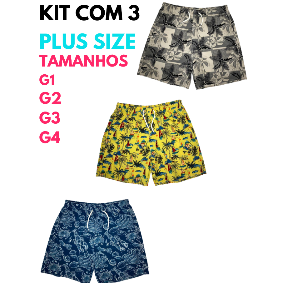 Kit de 3 Short Plus Size extra Mauricinho Masculino Tactel Adulto Praia ...