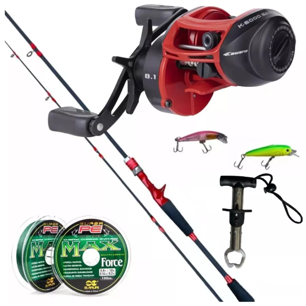 Kit Pesca Tucunaré Carretilha Maruri Kawana Bait 6000 AntiCabeleira + Vara Fibra de carbono 8-15 ...