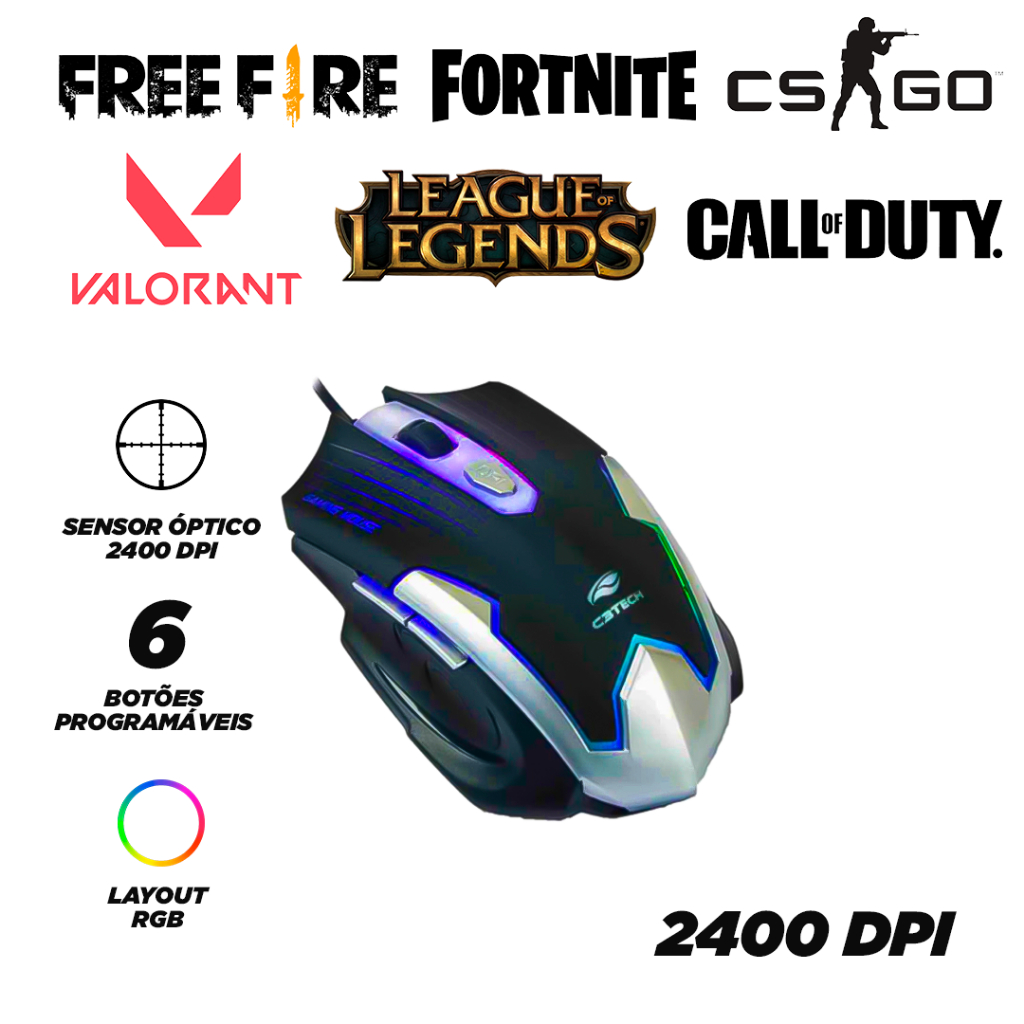 Mouse Gamer para jogos profissional RGB USB 2400 DPI Sensor Óptico Simples, 6 Botões LED RGB ...