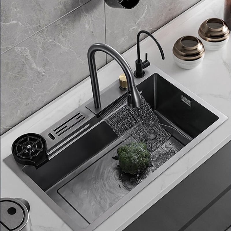 Nova pia de cozinha em cascata de aço inoxidável nano 304 preto com 3 ...