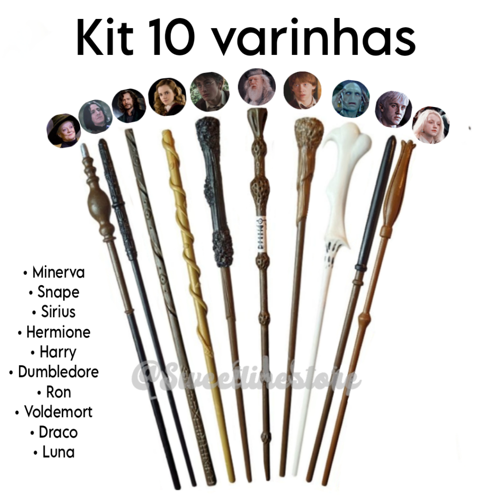 Kit 10 varinhas saga harry potter McGonagall, Snape, Sirius, Hermione ...
