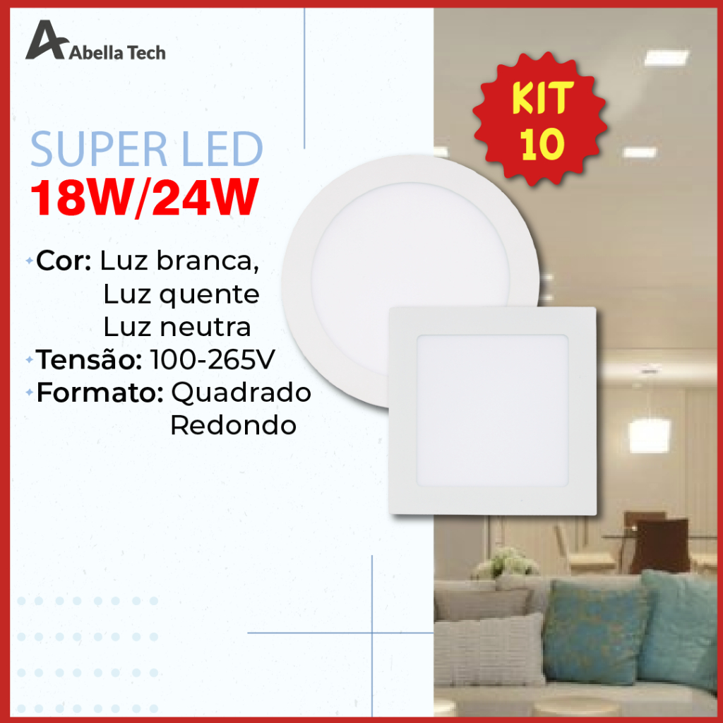 10 Luminária Painel Plafon Led Alumínio Embutido | Sobrepor | 18W~24W ...