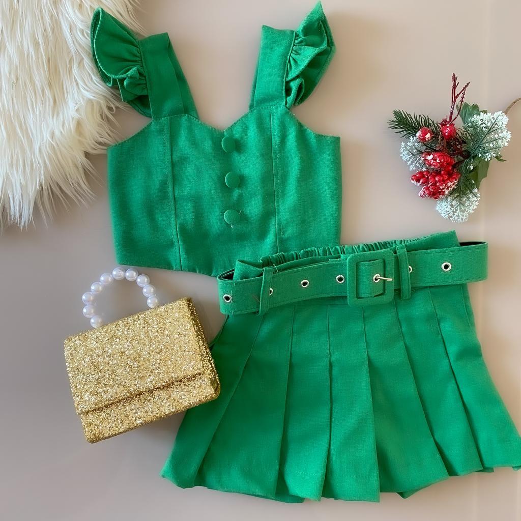 Conjunto para Festas Natal Infantil Short Saia Cropt Linho 04 e 06 anos ...