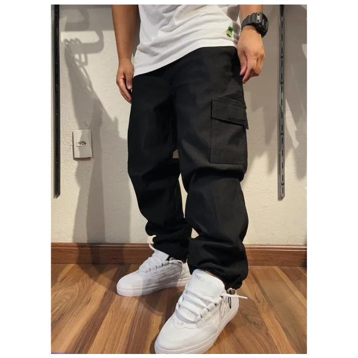Calça Cargo Unissex De Sarja Street Larga Skatista Com Bolsos Preta