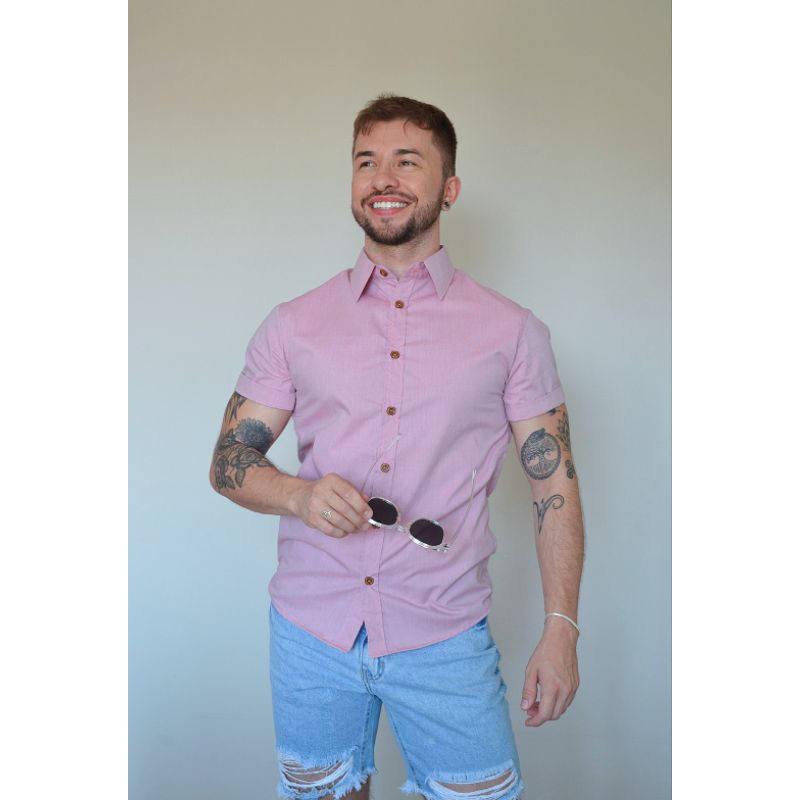 Camisa Social Coral Mescla ( Rosa) Manga Curta | Shopee Brasil