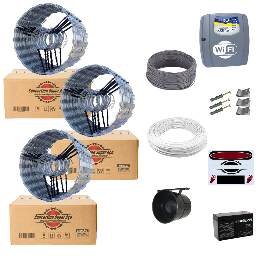 Concertina Eletrificada DC 30cm P/ 15 Metros + kit instalação + Central ...