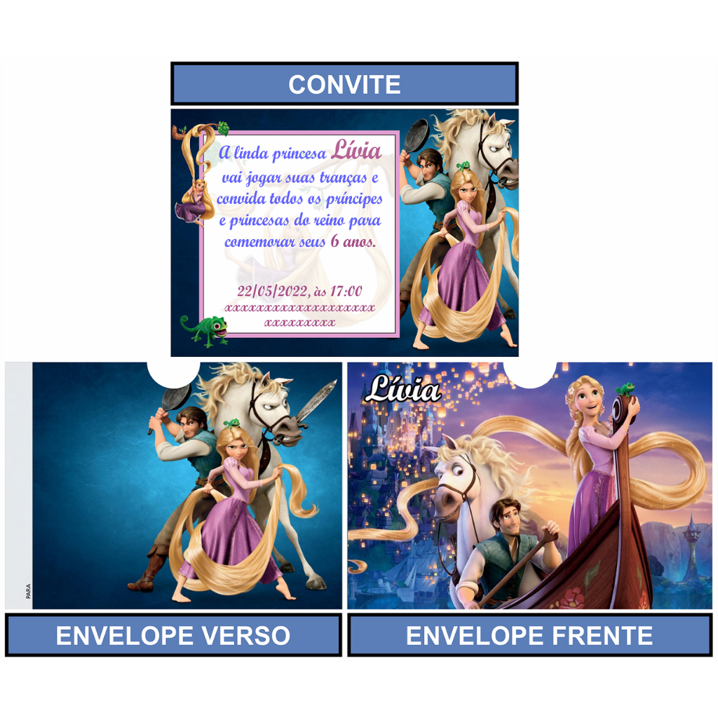 Convite Rapunzel Mais Envelope Rapunzel Personalizados | Shopee Brasil