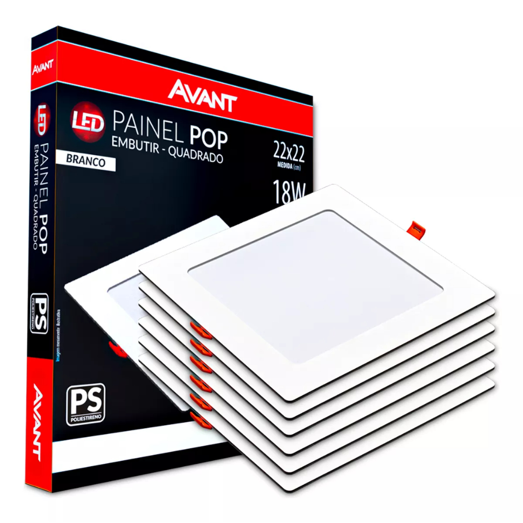 Kit 5 Luminarias Painel Plafon Led 18W Quadrado Embutir AVANT Luz Branca 6500K 110/220V | Shopee ...