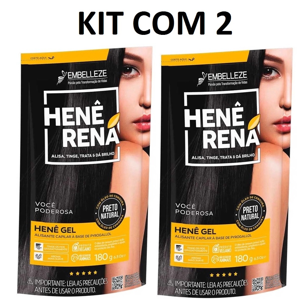 KIT COM 2 Rena Henê Alisante Tonalizante Gel Preto Natural 180g ...