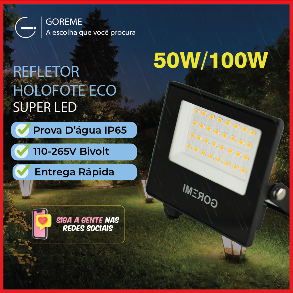 Holofote Refletor Led ECO Pro 50W ou 100W Branco Frio 6500K (Luz Branca) | IP65 | Luz Econômica ...