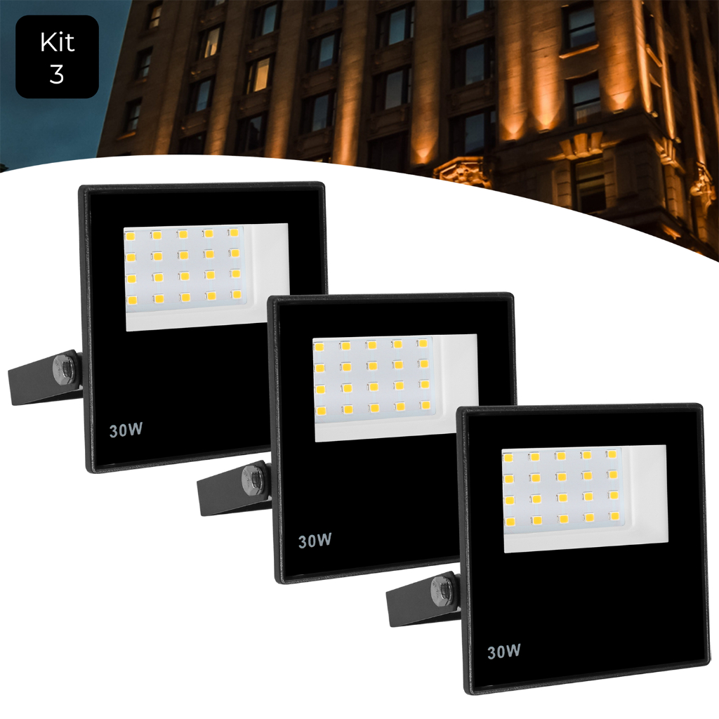Kit 3 Refletor Holofote Led 30w Bivolt Prova D'água Branco Quente | Shopee Brasil